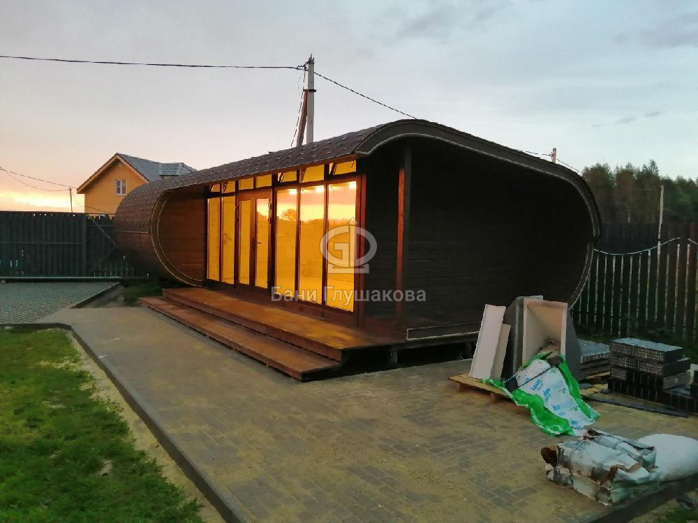 Баня ТАНК с застекленной террасой и дровяником 5х11м с печью и отделкой ...