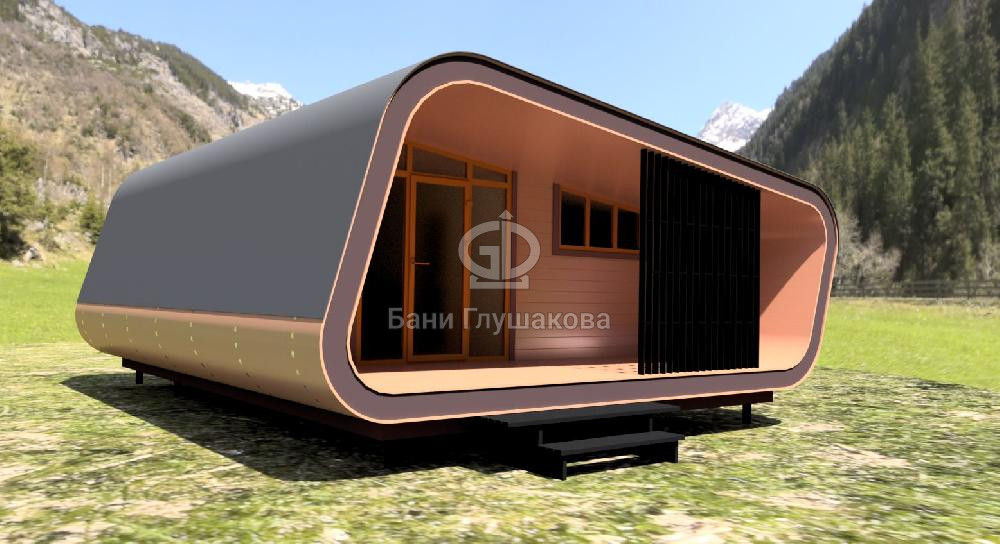 Баня «Танк Пизанский» 6х8 с террасой 2м v6 с печью и отделкой под ключ ...