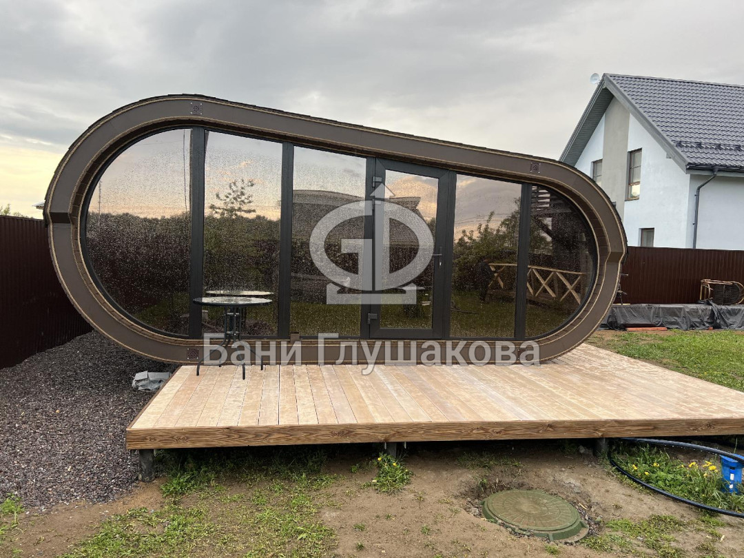 Баня «Танк Панорама» 6х6 с террасой-подиумом с печью и отделкой под ...