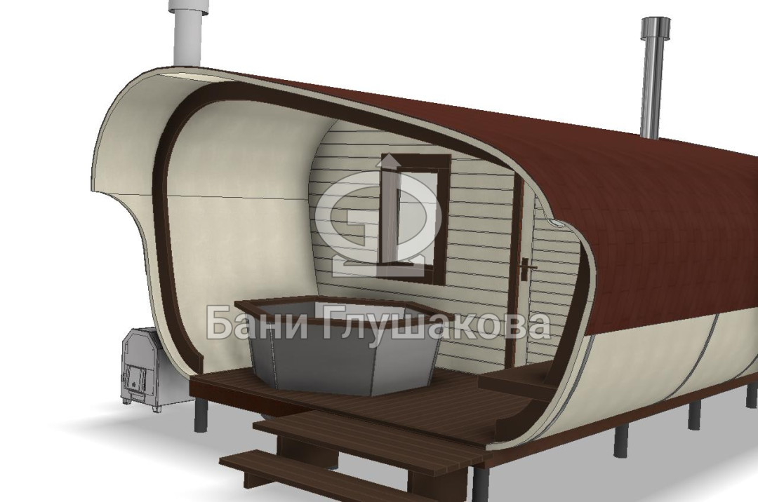Баня «Танк» с купелью на террасе с печью и отделкой под ключ, цена от ...